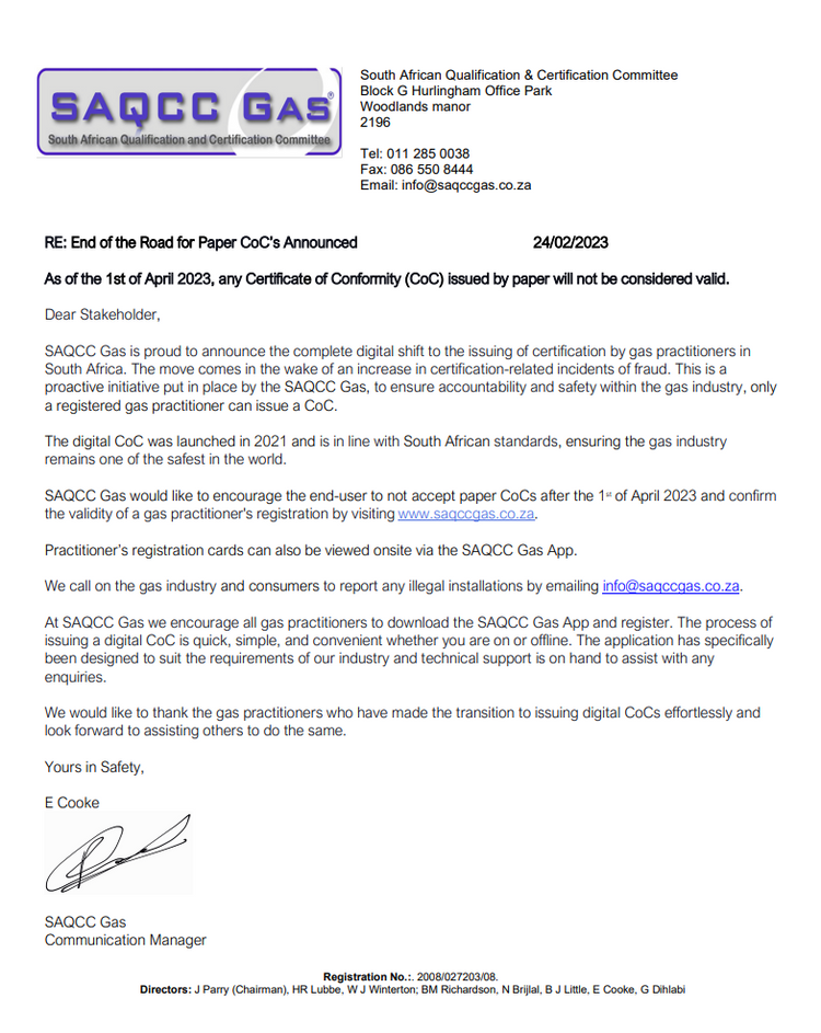 2024 New Gas Regulation Standard South African – The LpGas Man